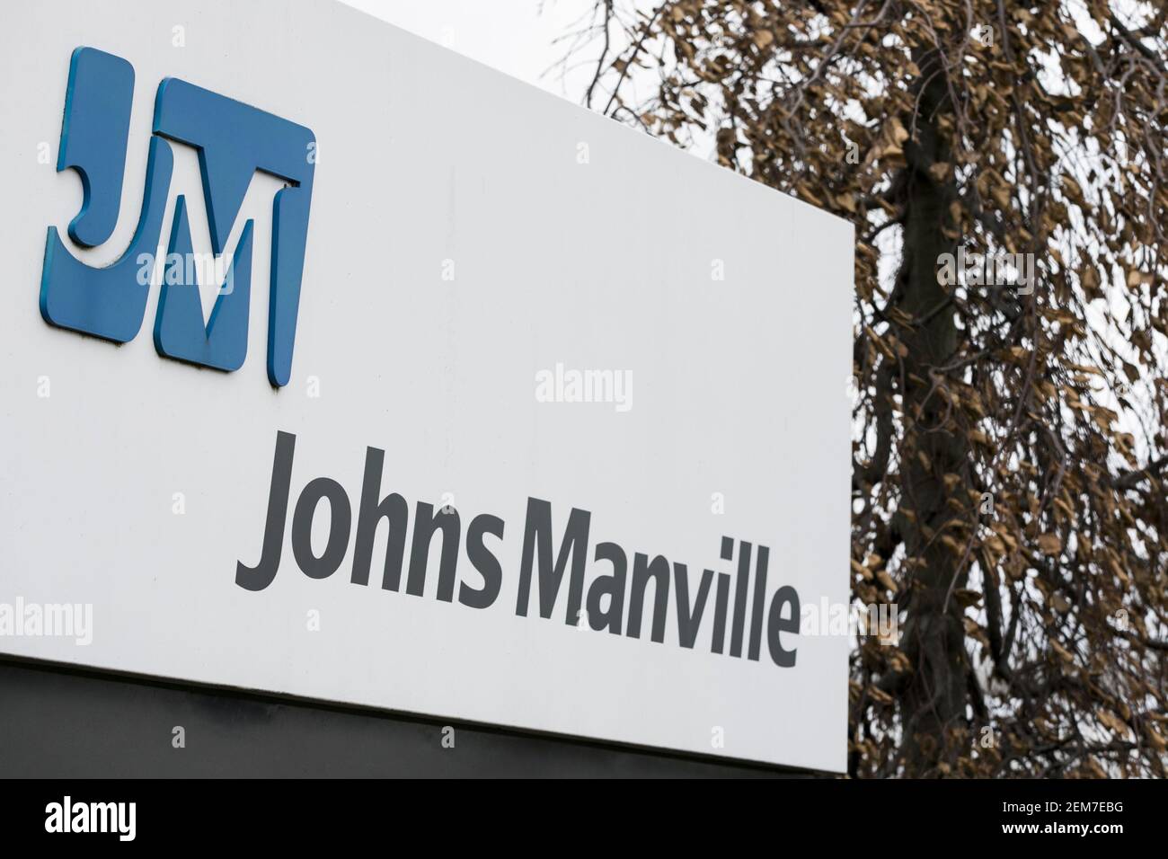 A logo sign outside of a facility occupied by Johns Manville in Hazle ...