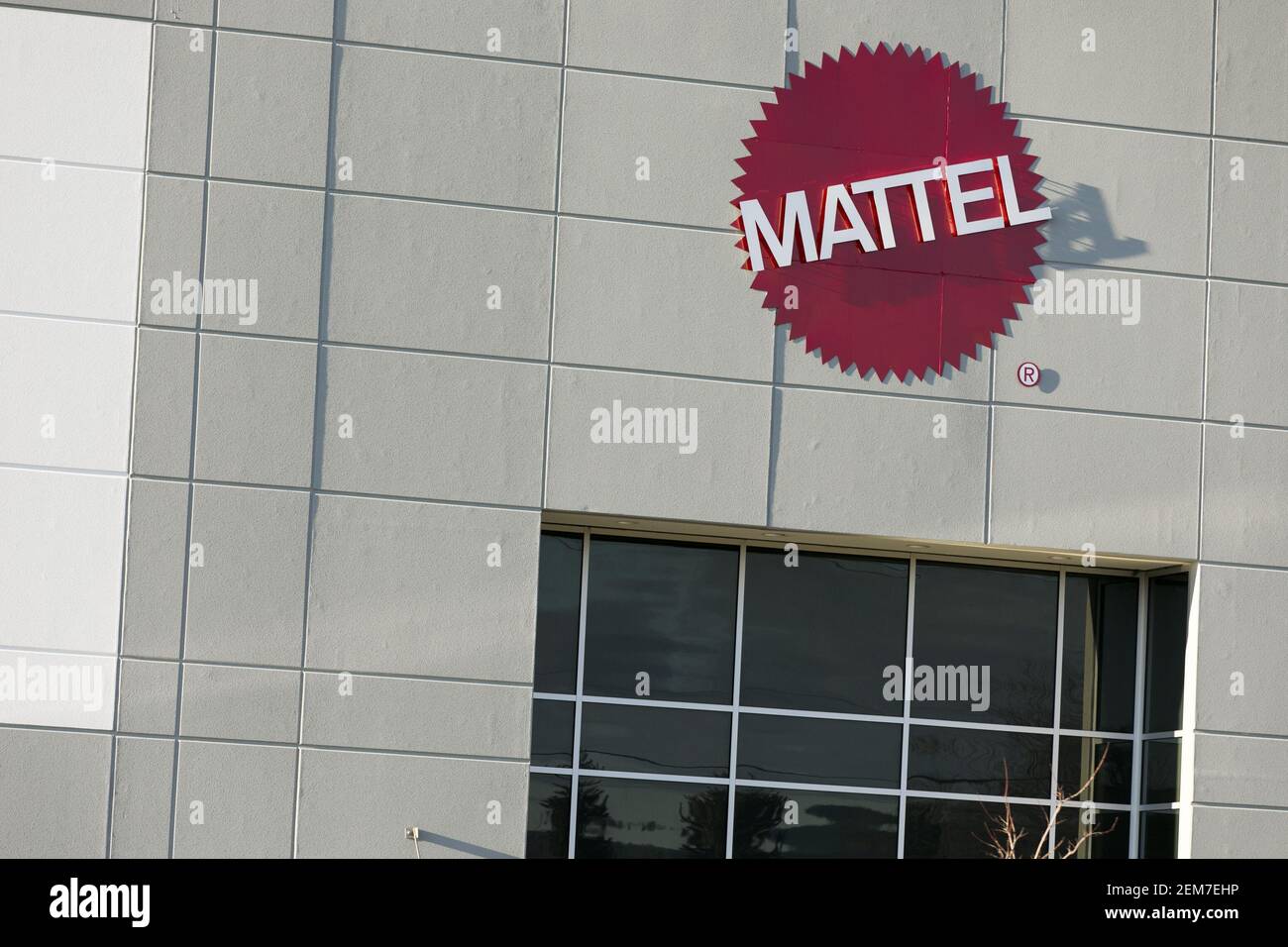 A logo sign outside of a facility occupied by Mattel in Jonestown ...