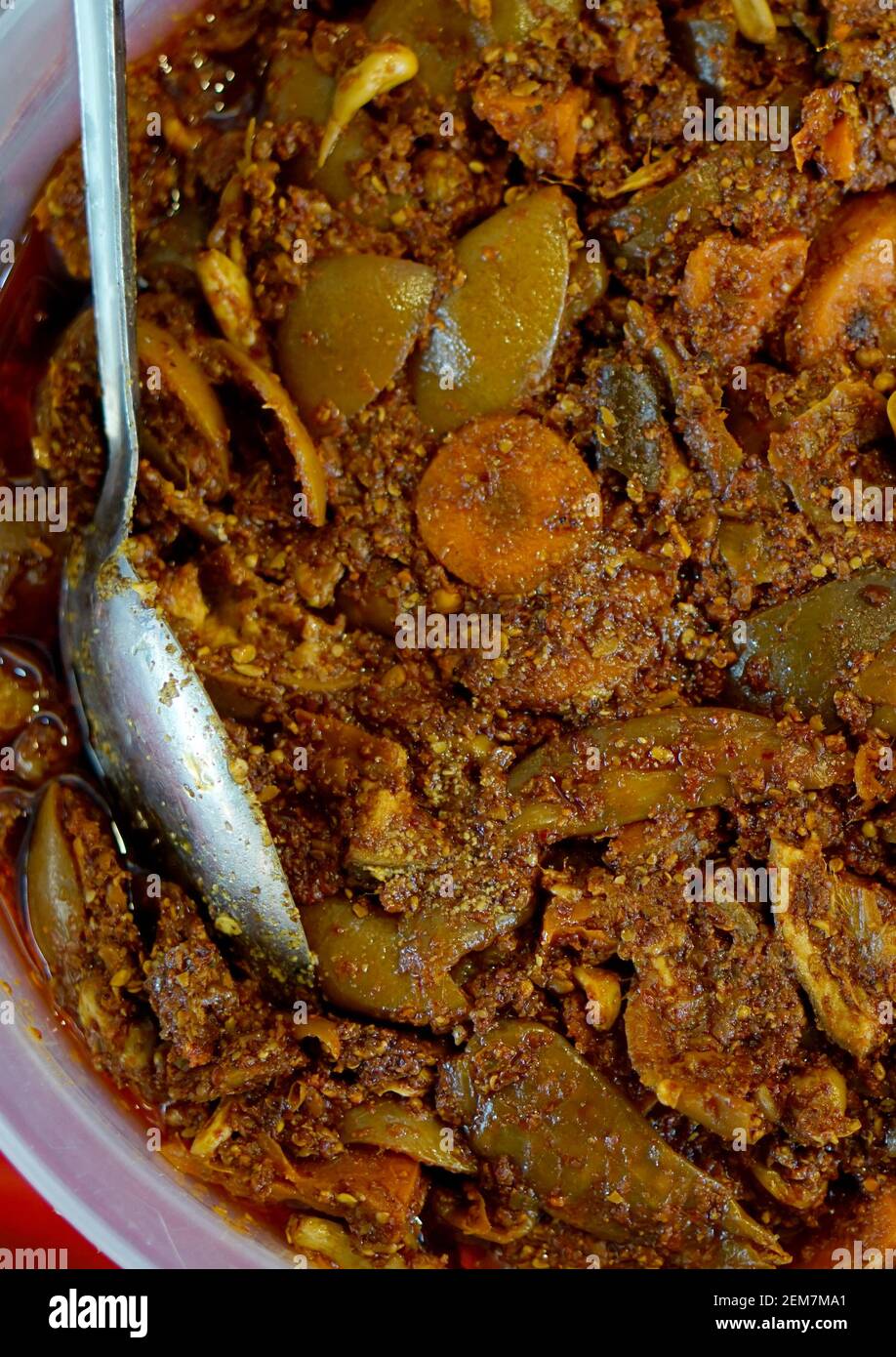 Close-up view of Indian street food traditional Mixed vegetables pickle ...