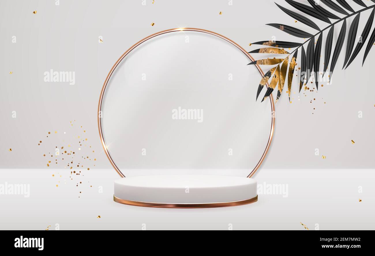 Realistic 3d gold pedestal with golden glass ring frame over pastel ...