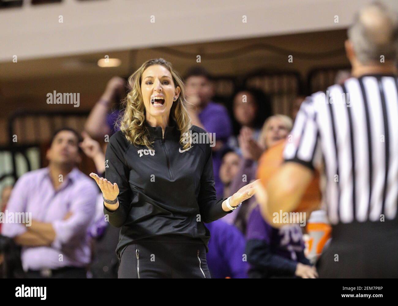 January 6, 2019: TCU Head Coach Raegan Pebley questions a call during a ...