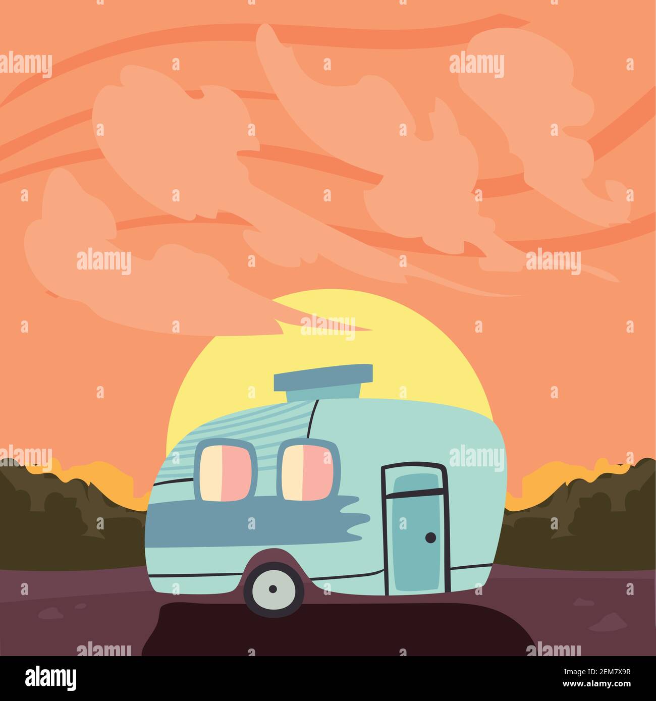 blue camper trailer at sunset landscape design of caravan trip camp ...