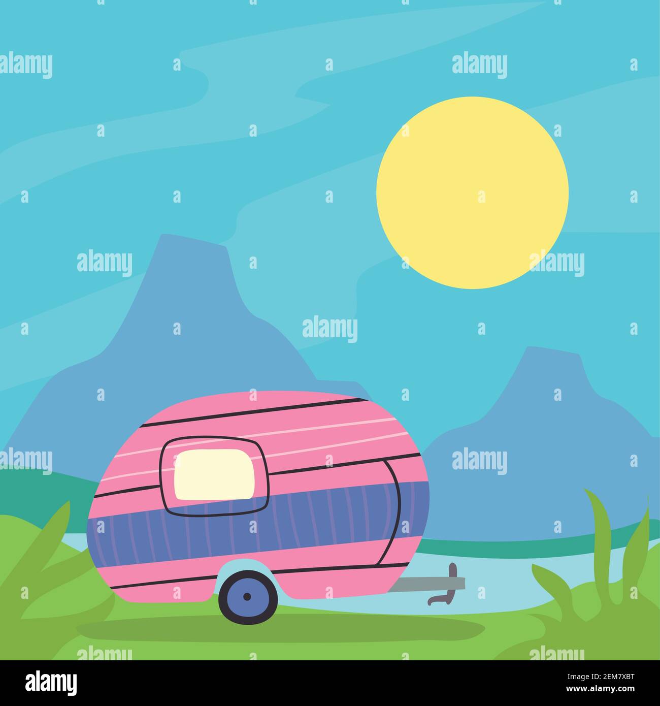 pink camper trailer at landscape design of caravan trip camp adventure ...