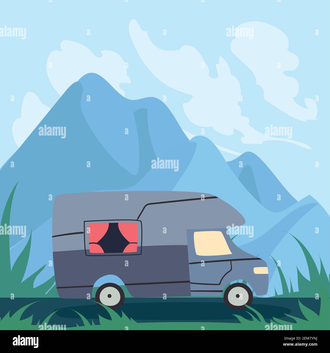 purple camper trailer at landscape design of caravan trip camp ...