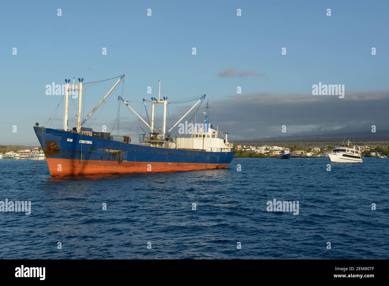 Cargo ship, San Cristobal in Academy Bay, Santa Cruz Island, Galapagos ...