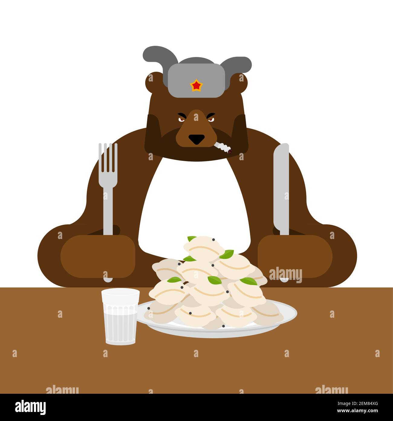 Lunch in Russia. Angry Russian Bear eats dumplings. Traditional Russian ...