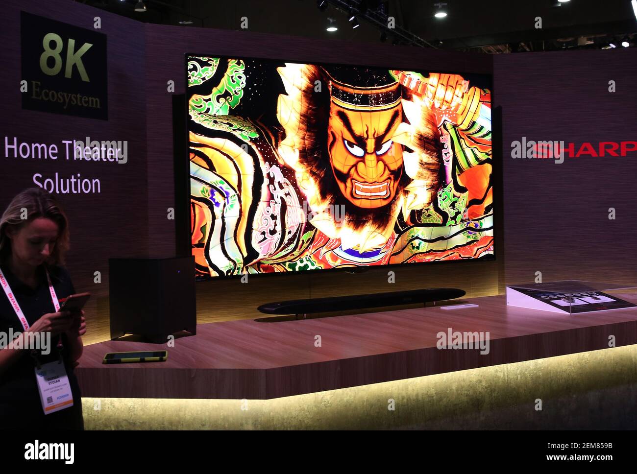 Sharp 8K Ecosystem Home Theatre Solution is displayed during the 2019 ...