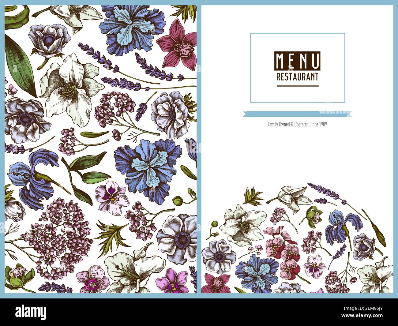 Menu cover floral design with colored anemone, lavender, rosemary ...