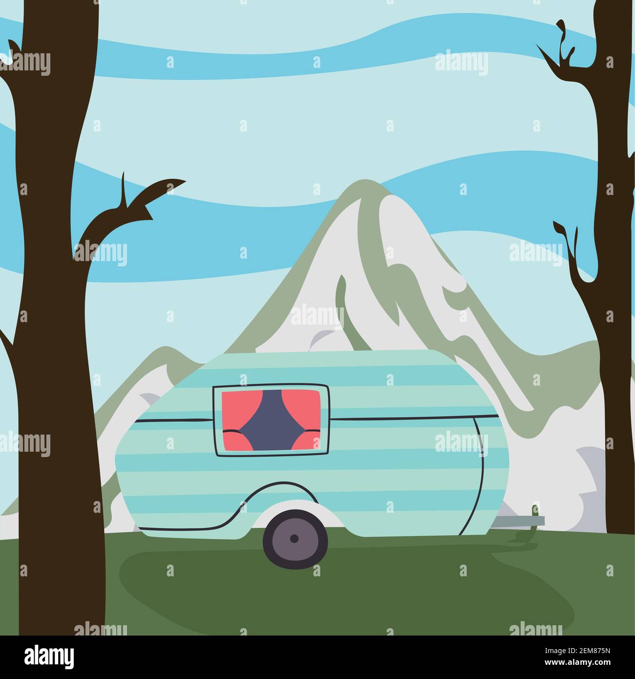 striped camper trailer at landscape design of caravan trip camp ...