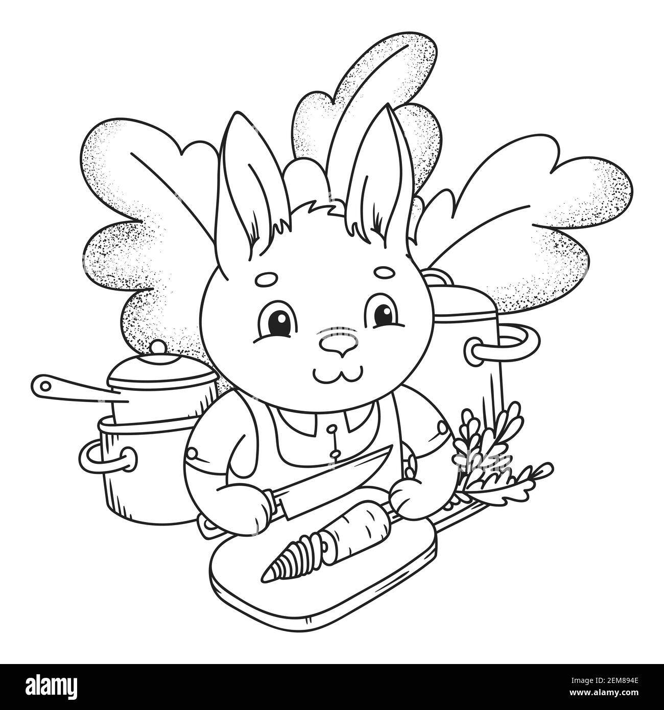 Cute little rabbit cutting a fresh carrot. Hand drawn outline cartoon ...