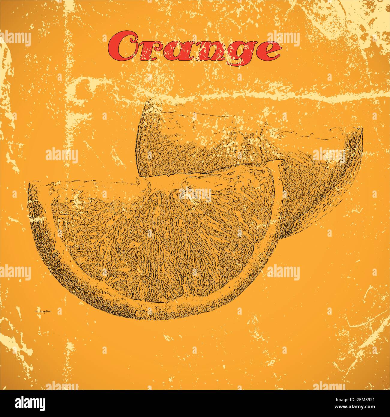 Hand drawn vintage orange isolated on yellow distressed grunge ...