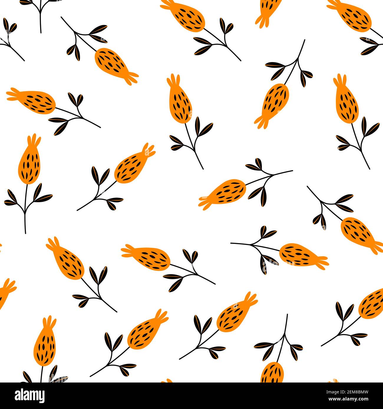 Seamless floral pattern based on traditional folk art ornaments. Orange ...