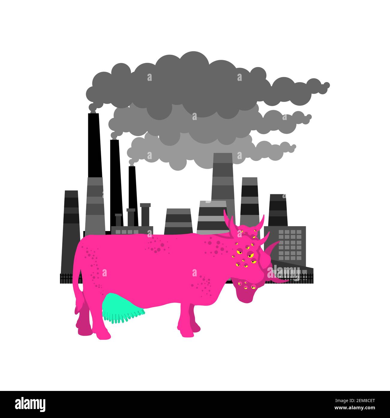 Radioactive cow and toxic waste from factory. Environmental pollution ...