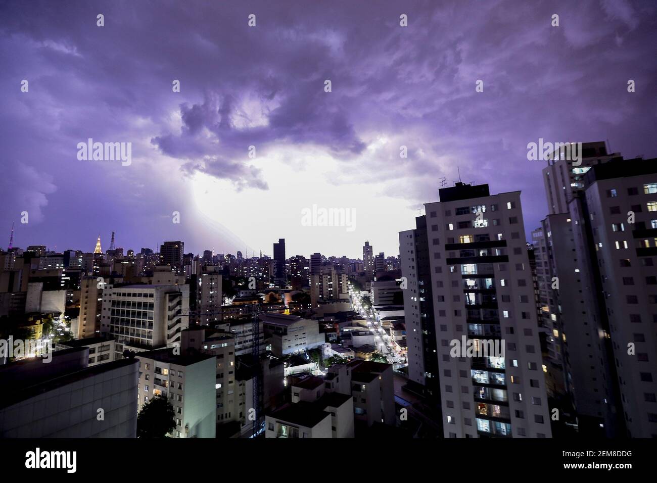 A lightning strike flashes over the night sky on January 10, 2019 in ...