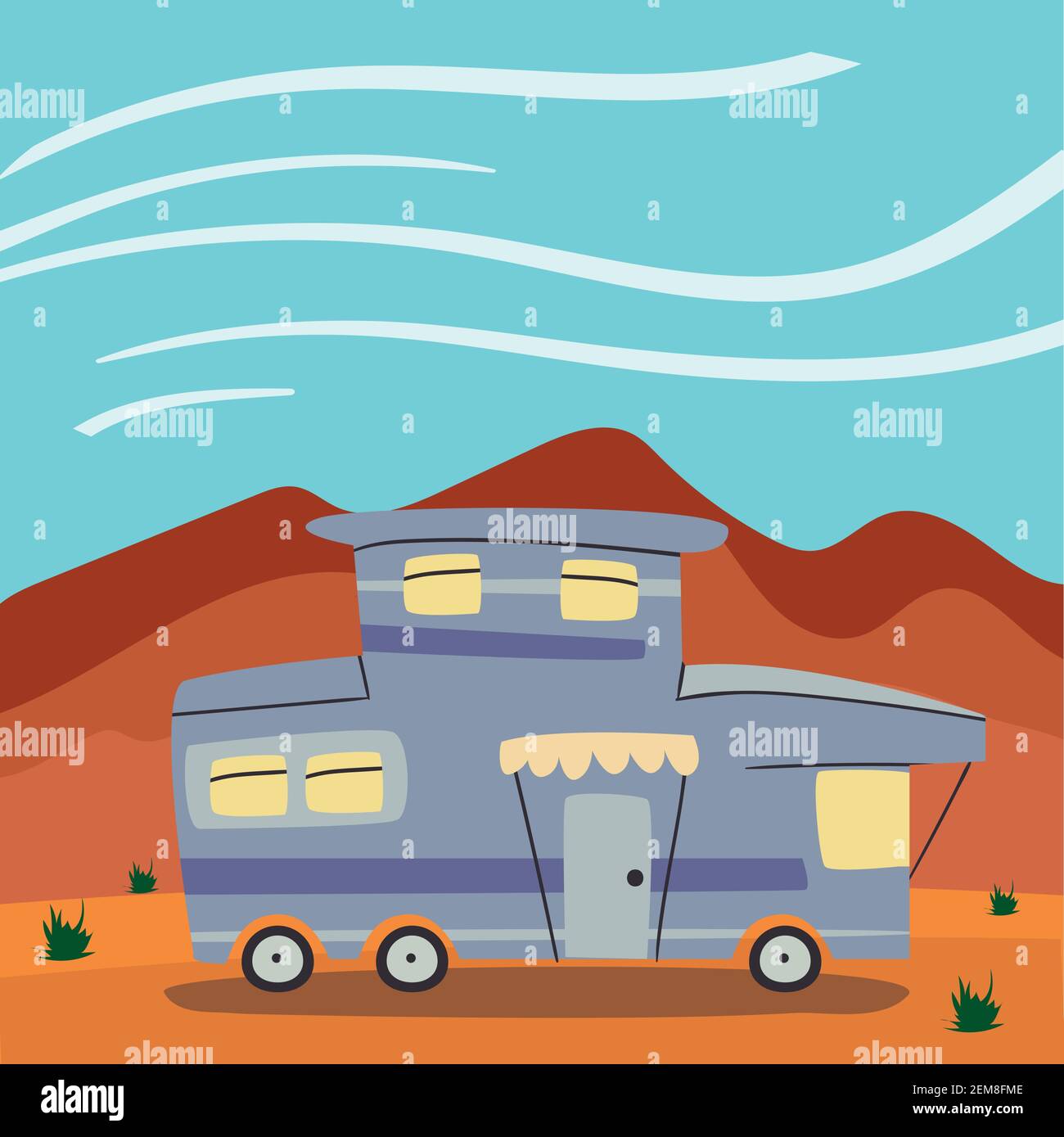 purple camper trailer at desert design of caravan trip camp adventure ...