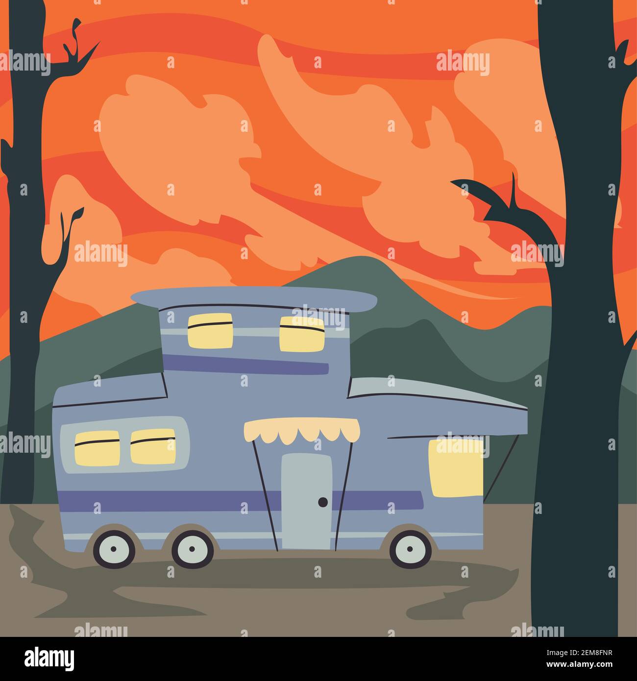 purple camper trailer at forest design of caravan trip camp adventure ...