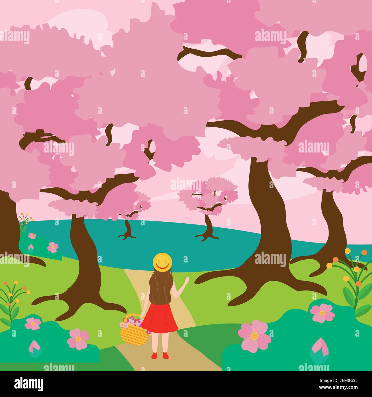 Spring landscape with pink trees and girl design, Season natural floral ...