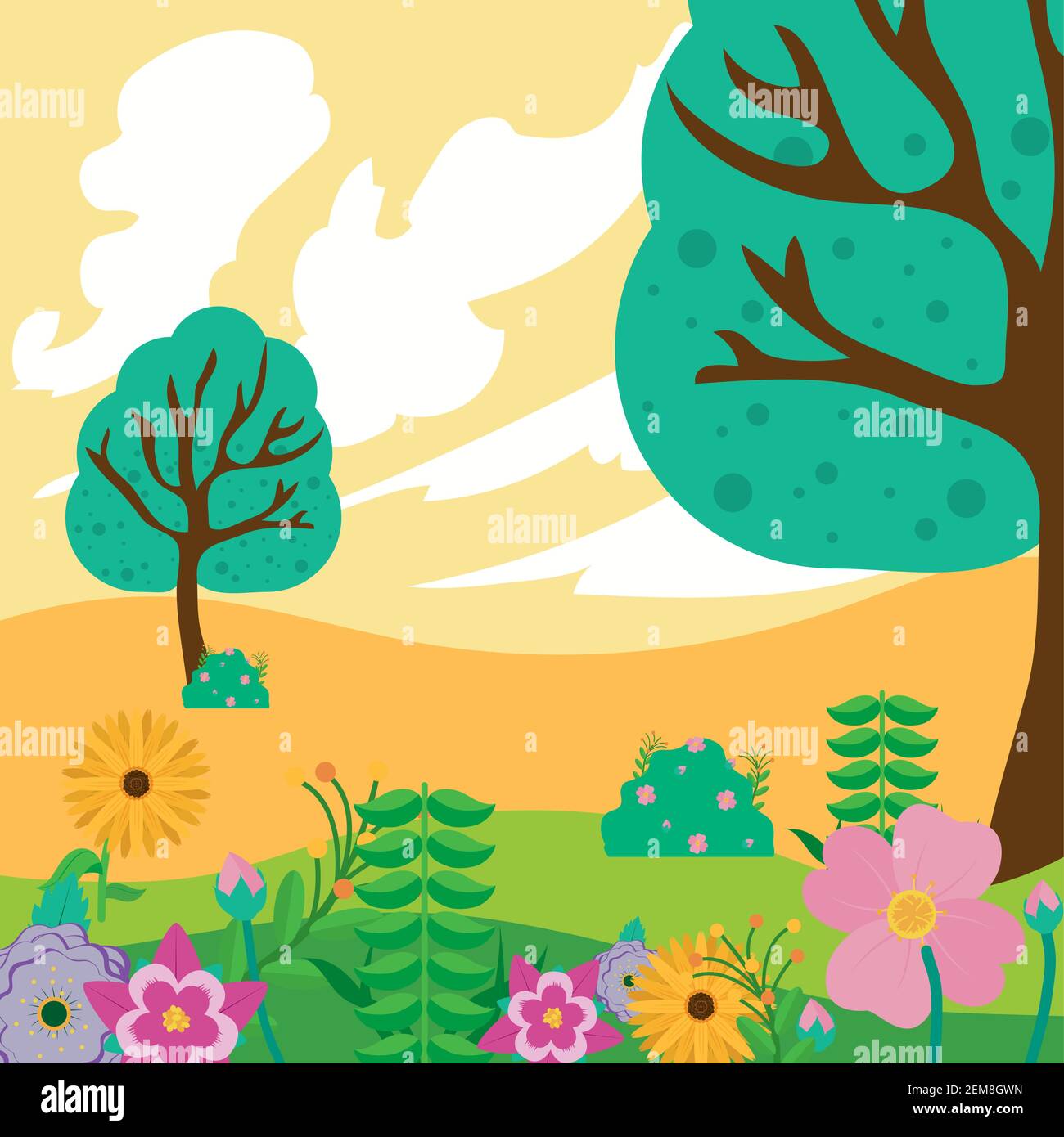 Spring landscape with trees and flowers design, Season natural floral ...