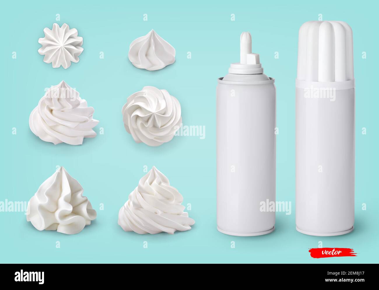 Set of whipped cream swirls and whipped cream cans on blue background ...