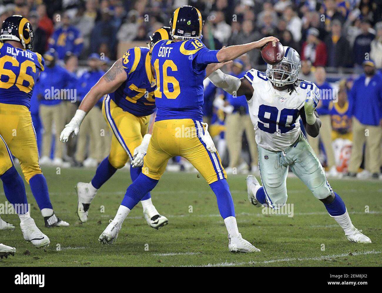 Dallas Cowboys defensive end Demarcus Lawrence (90) almost gets to Los ...