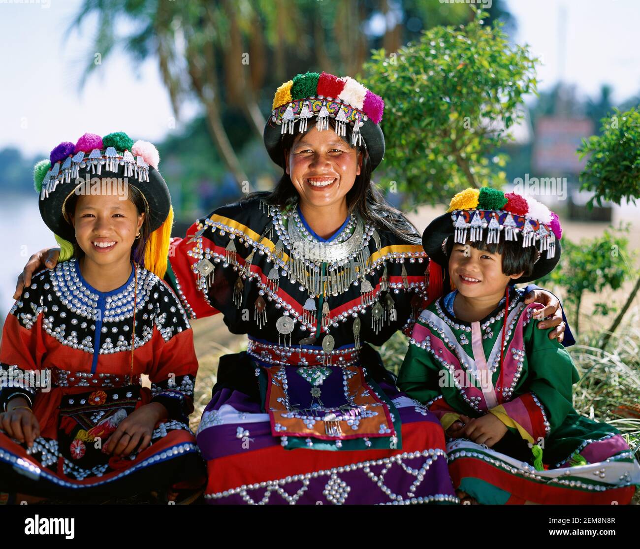 Asia, Thailand,Chiang Rai, portrait of colourful hill tribe girls ...