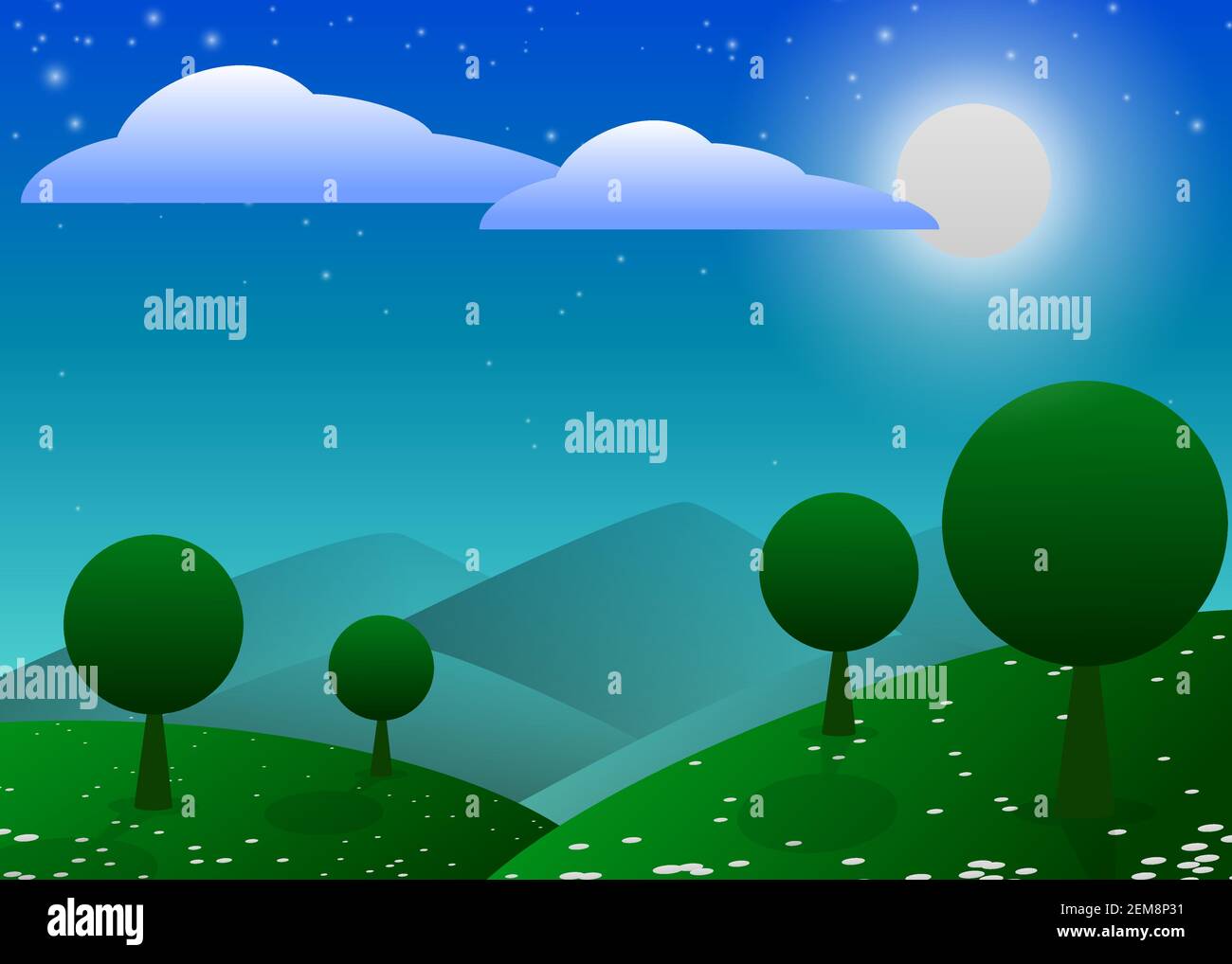 Illustration of a clean and green forest under the bright fullmoon ...