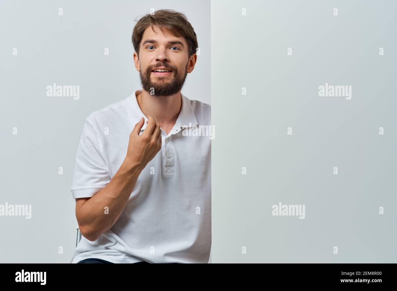 bearded man holding white banner copy space advertising executive ...