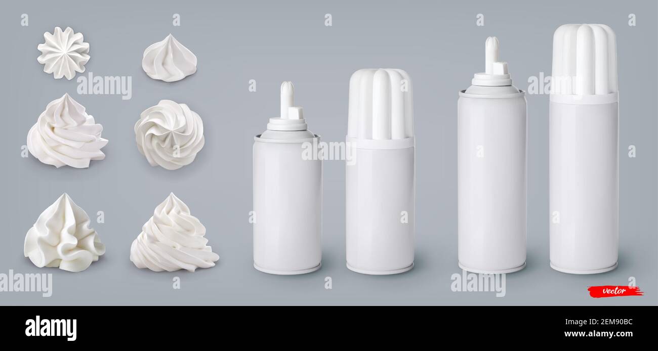 Set of whipped cream swirls and whipped cream cans on gray background ...