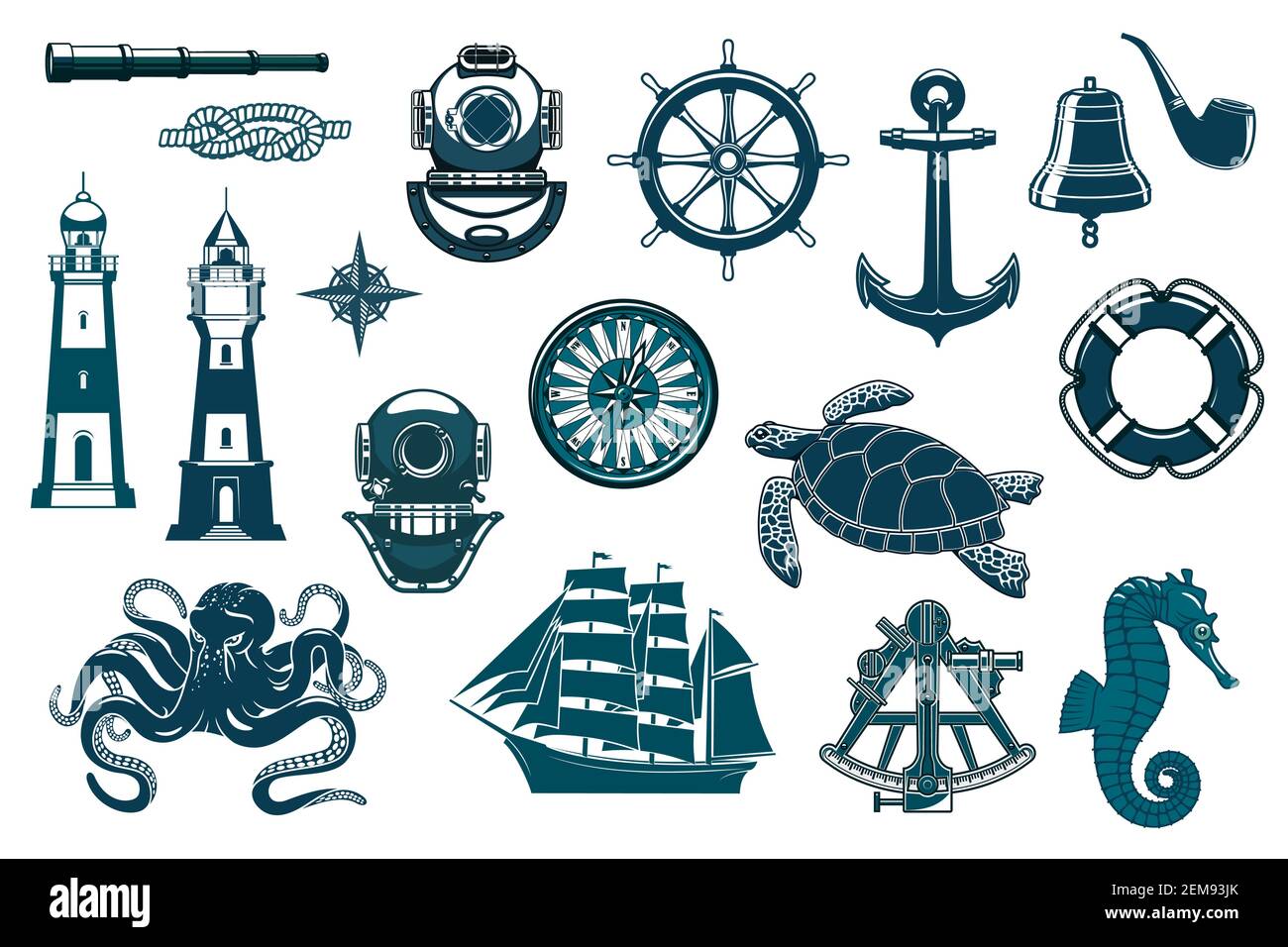Marine icons, nautical seafaring and sailing vector vintage symbols ...