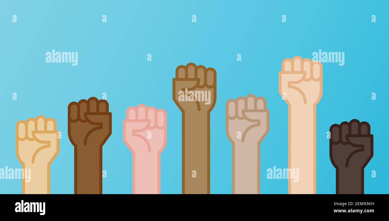 Multiracial fists hands up vector illustration. Concept of unity ...