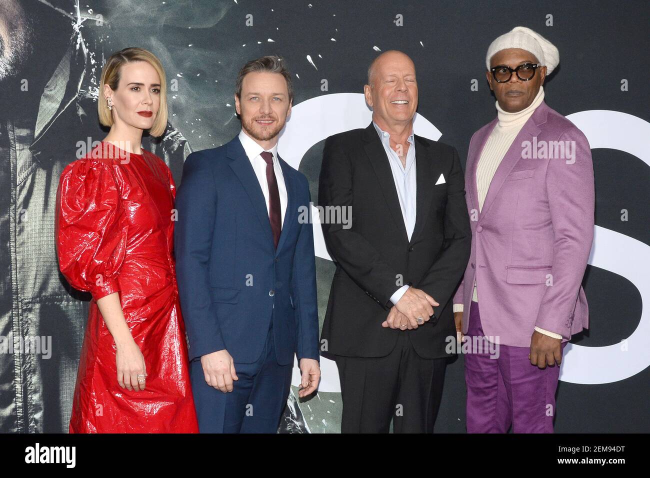 (L-R) Sarah Paulson, James McAvoy, Bruce Willis and Samuel L. Jackson ...