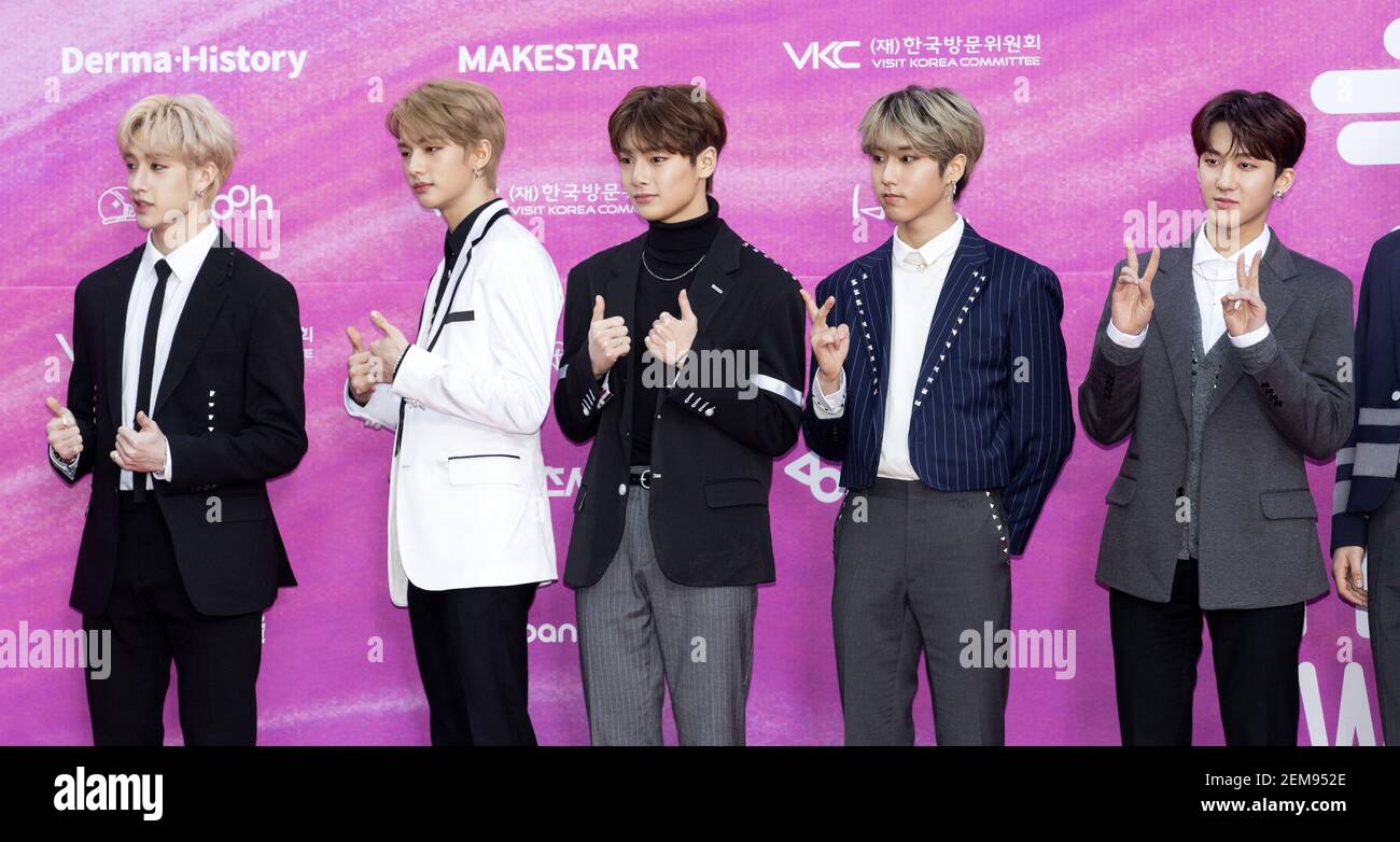 South Korean K-Pop boys group Stray Kids, attend a photo call for the ...