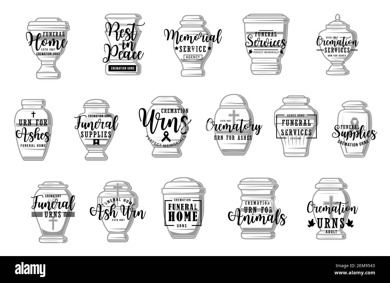 Funeral service, cremation urns vector icons, burial ceremony ...