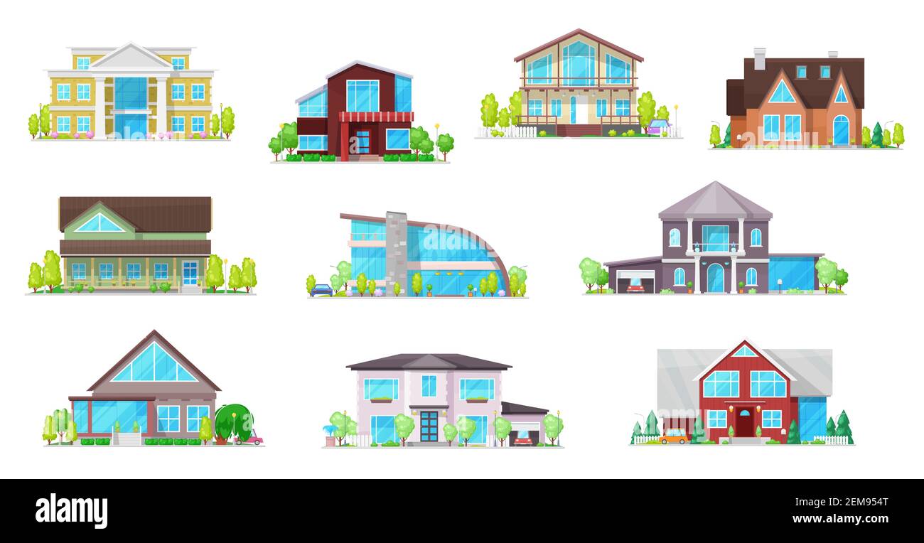 Real estate private buildings vector icons. Isolated villas, cottages ...
