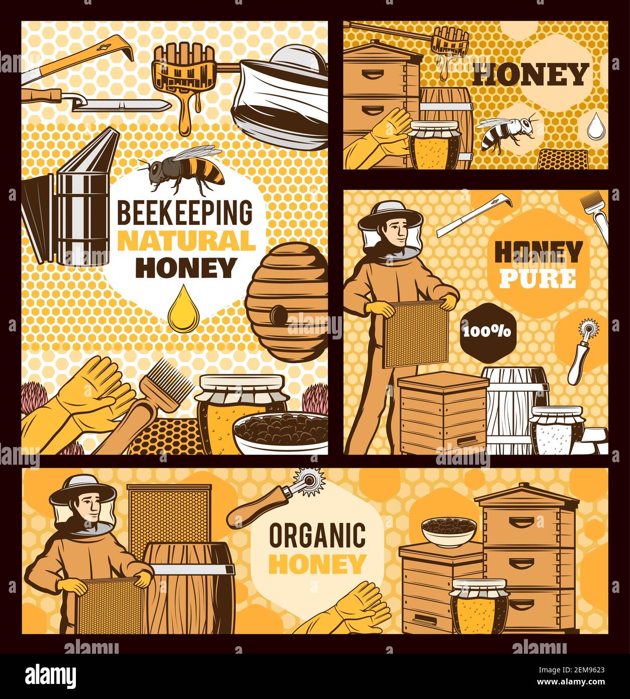 Beekeepers with honey and bee hives vector design of beekeeping farm ...