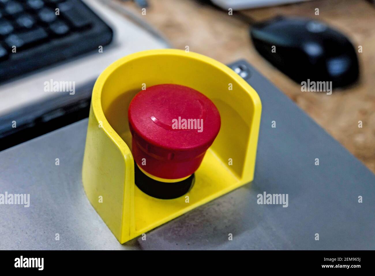 Red emergency button on black control panel. Stop concept Stock Photo ...