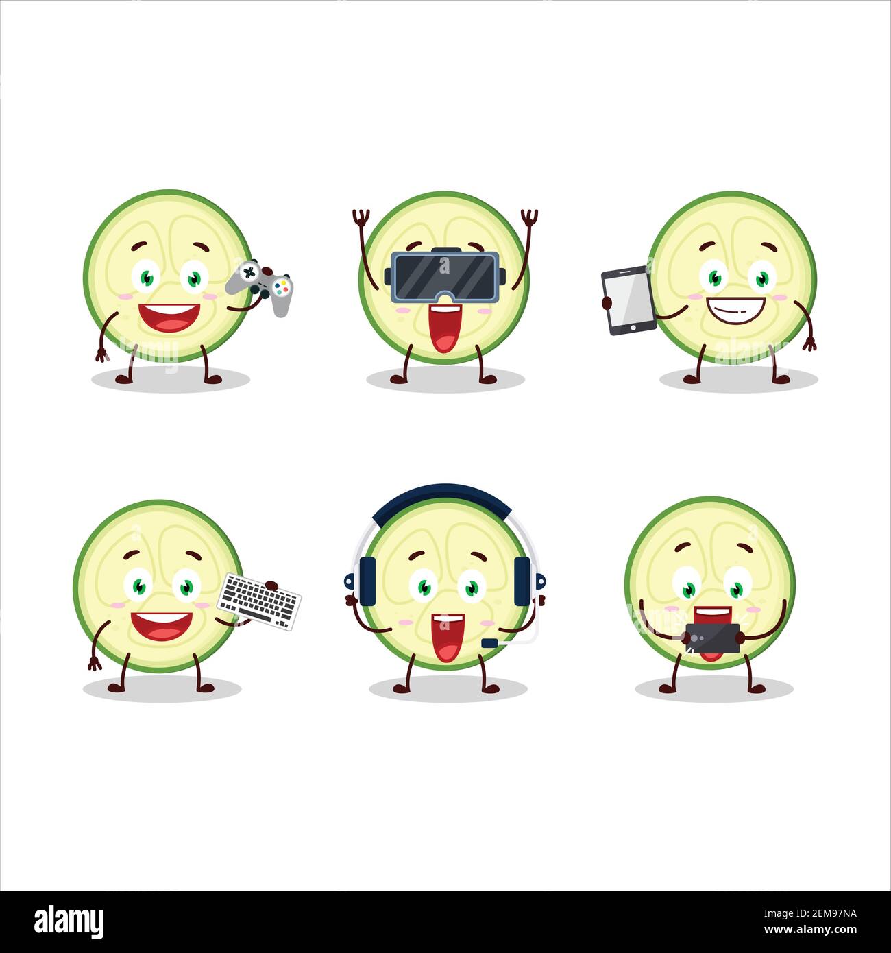Slice of zucchini cartoon character are playing games with various cute ...