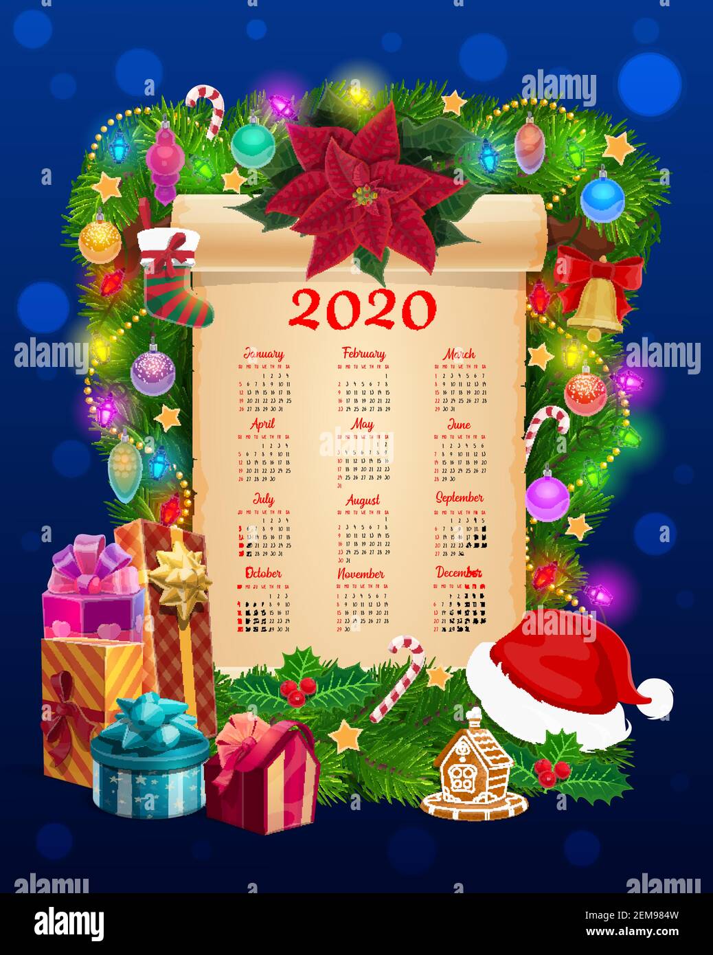 New Year calendar on paper scroll vector template with Christmas tree ...
