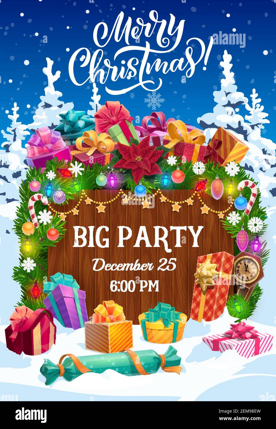 Christmas and New Year winter holiday party vector flyer. Xmas tree ...