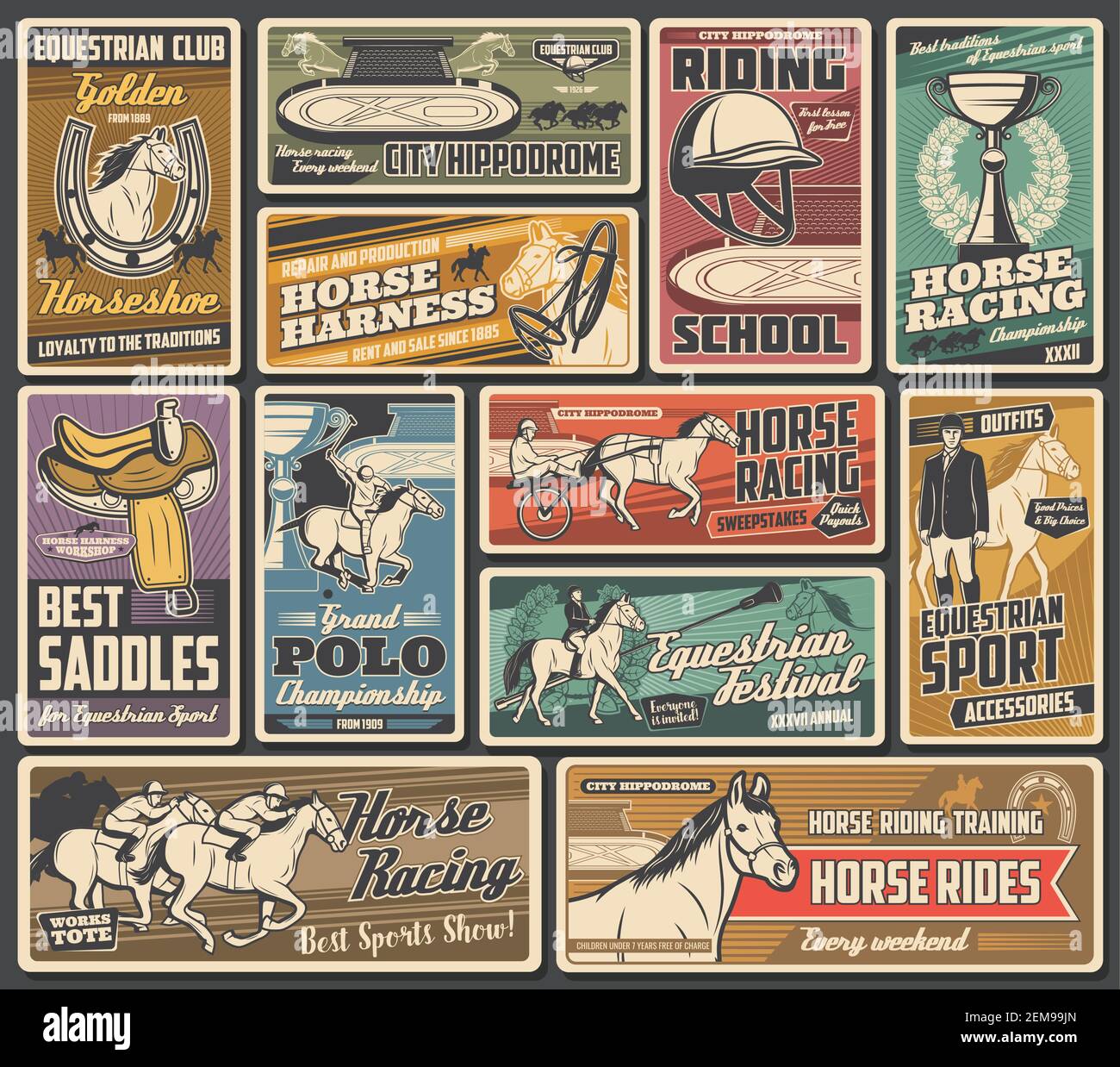 Horse races, jockey polo and equestrian sport championship cup, vector ...