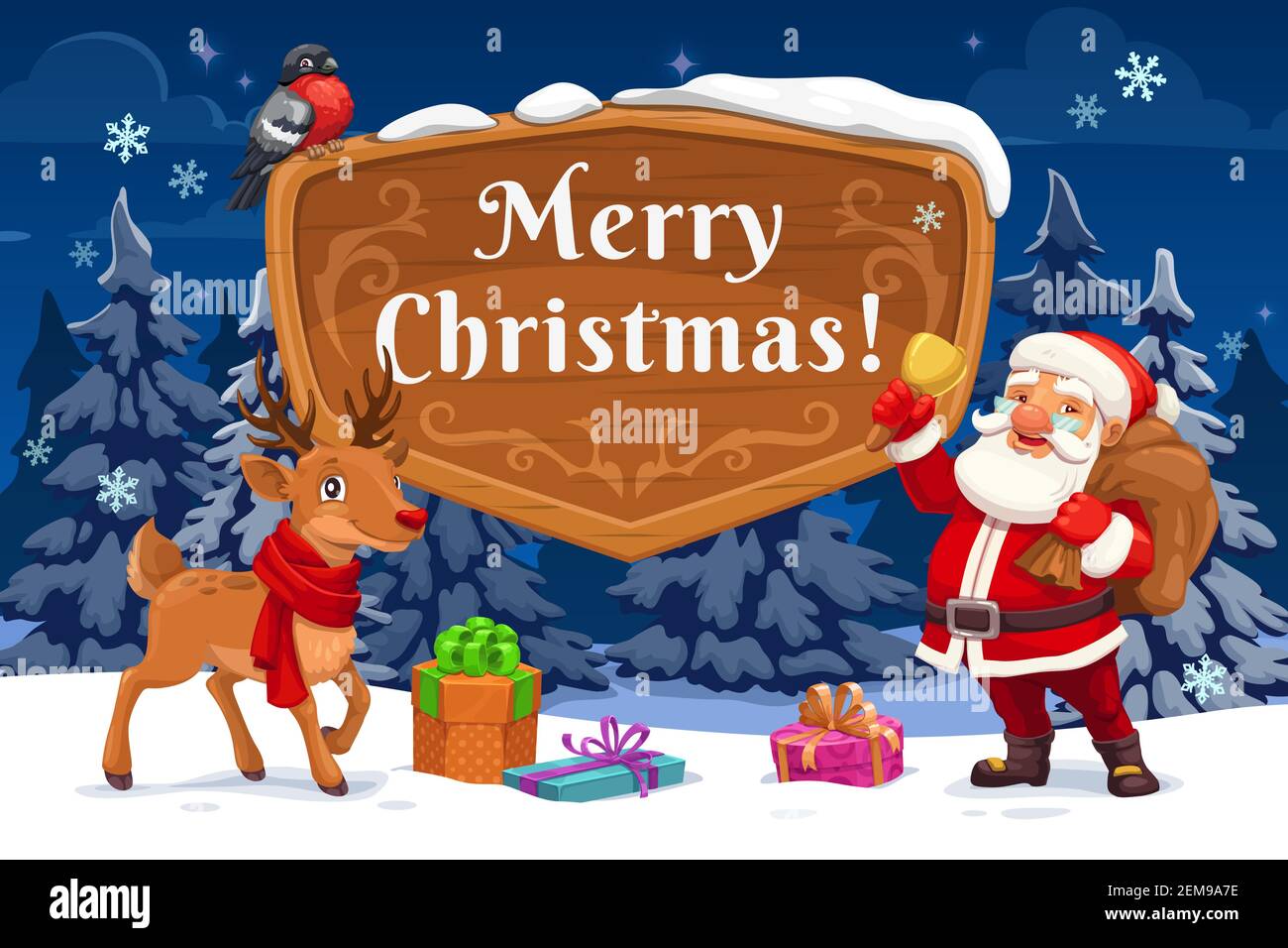 Santa with Christmas gifts, Xmas bell and reindeer vector greeting card ...