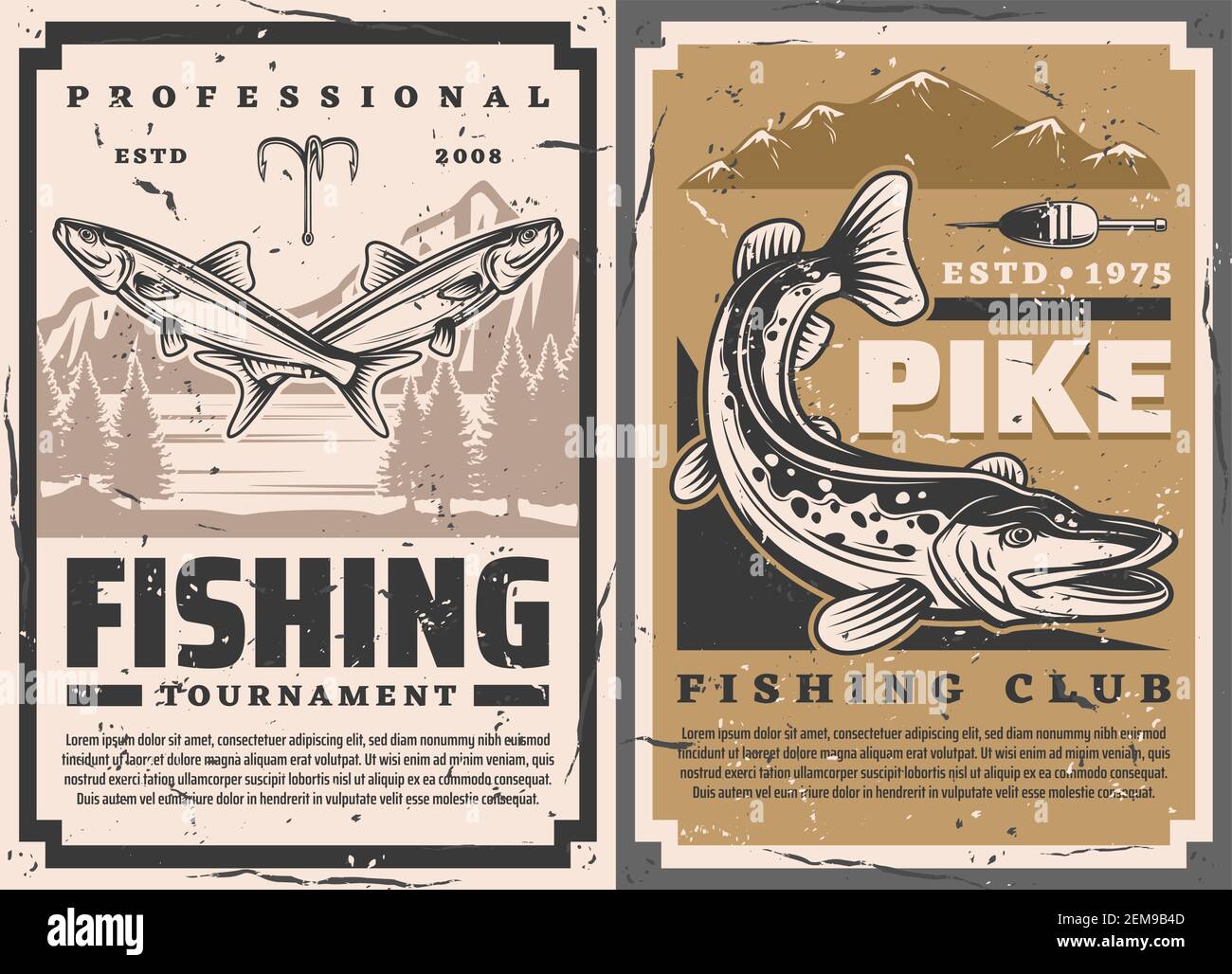 Fishing club and fisher big fish catch tournament, vector retro vintage ...