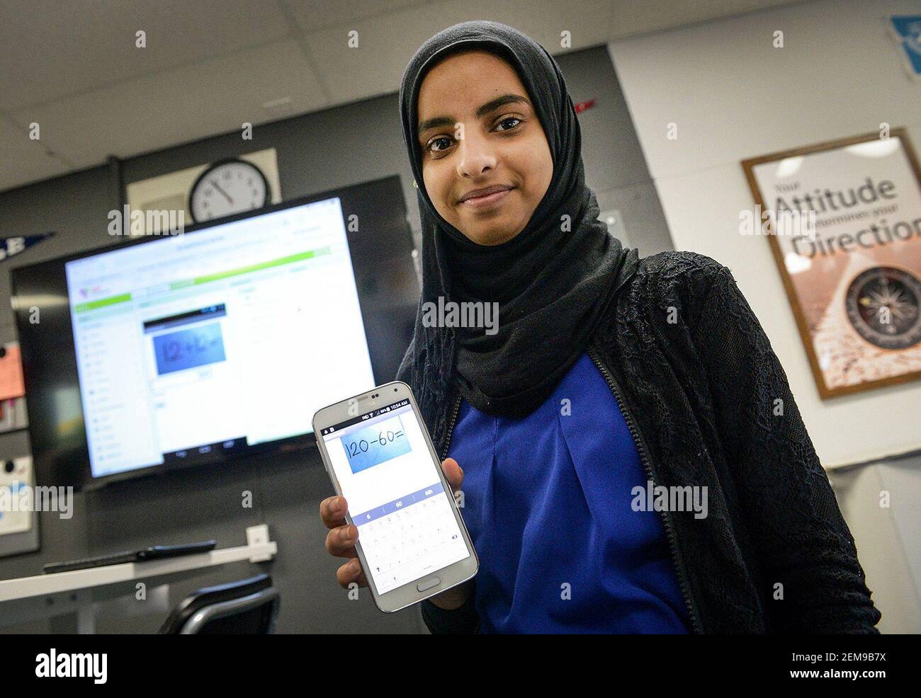 Amal Qasem, 15, an eighth grader in Efrain Tovar's newcomers class ...