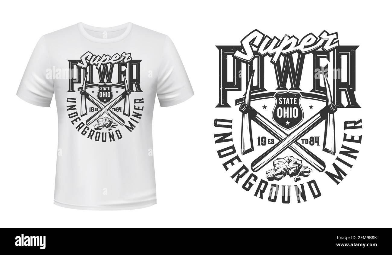 Mining industry t-shirt print mockup with vector miner pickaxe, crossed ...