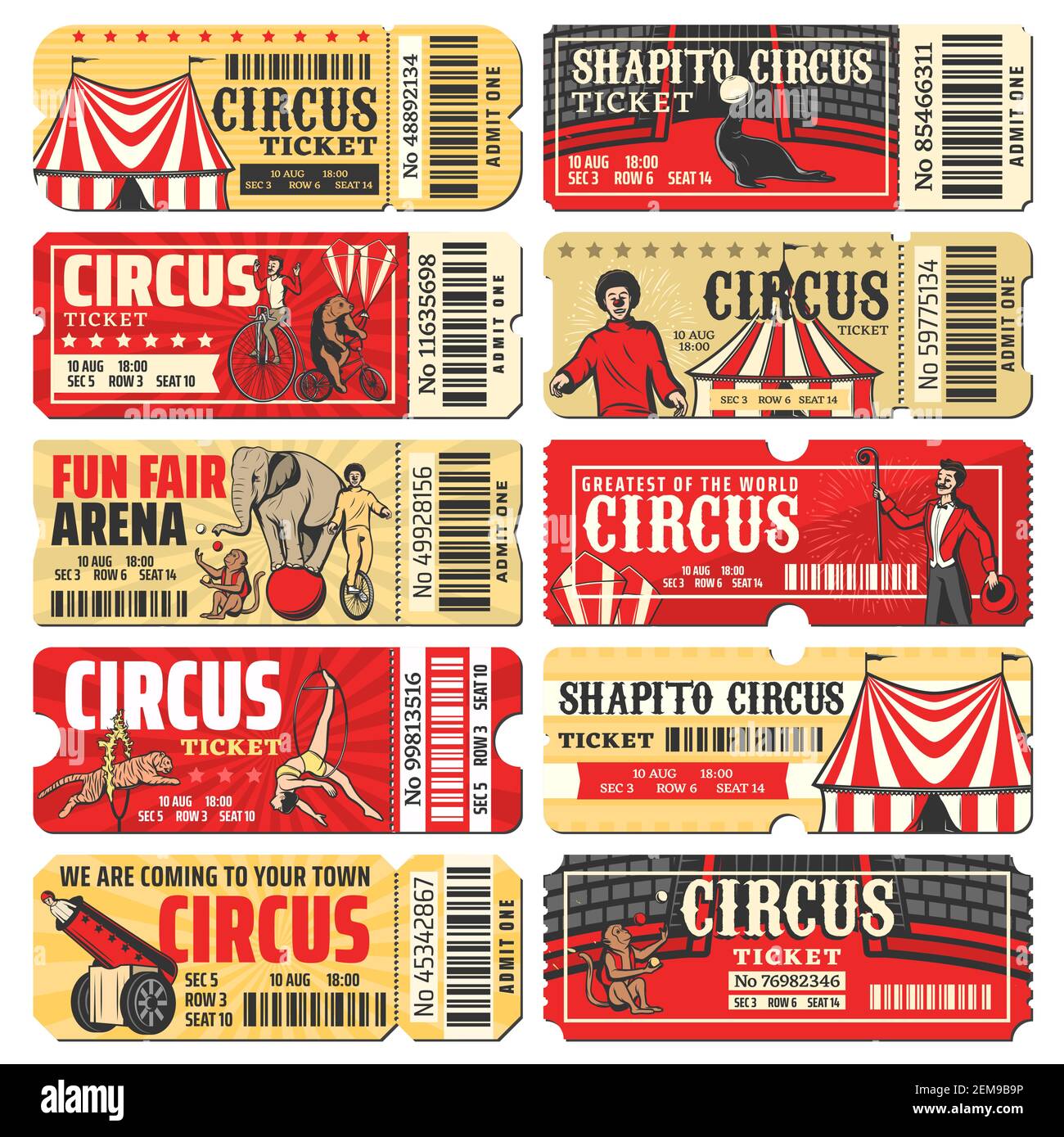 Circus ticket vector templates of chapiteau carnival show. Vintage ...