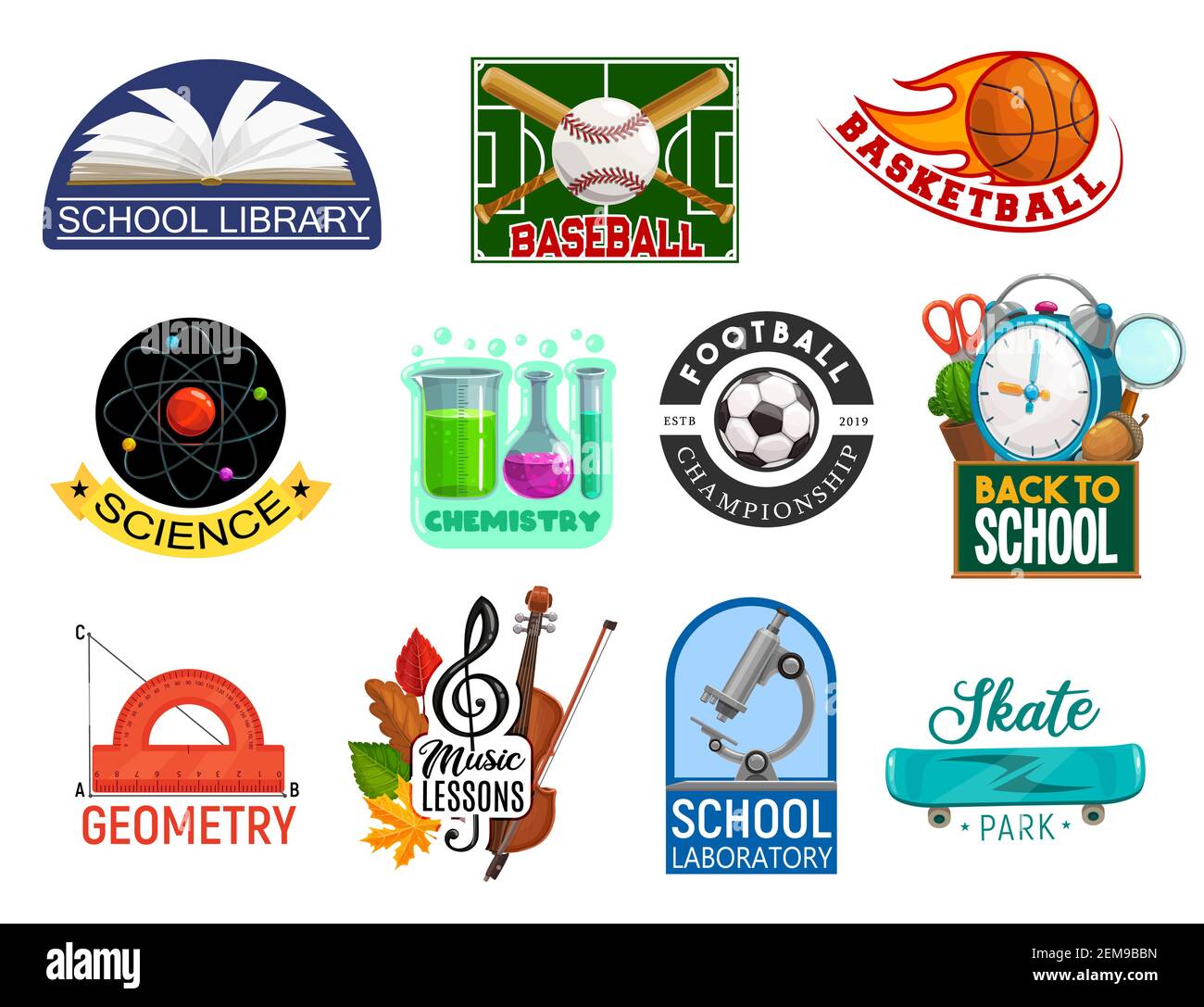 Education vector icons of back to school, science, music and sport ...