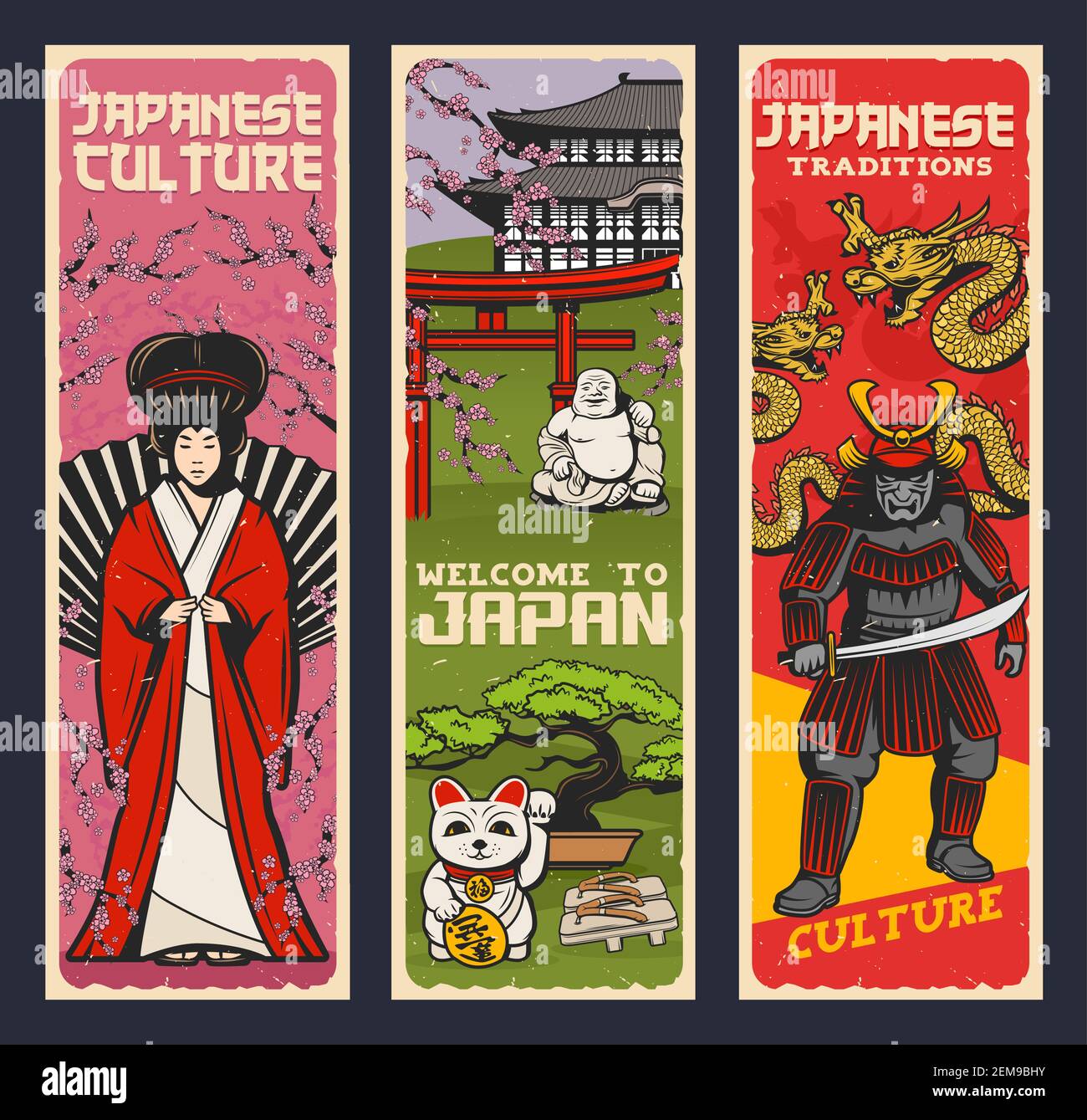Japanese religion and culture, vector dragon, samurai, Kabuki and Noh ...