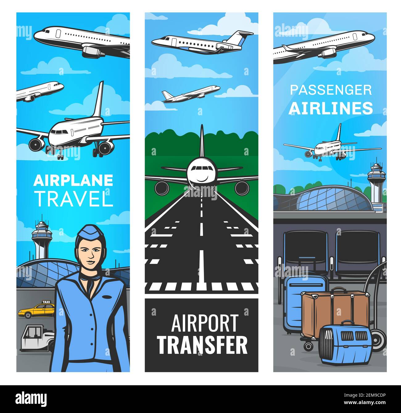 Air travel, airline and airport service vector banners of aircraft and ...