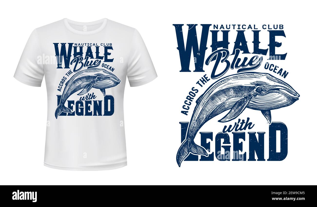 Nautical club t-shirt print, ocean whale fish, vector grunge navy blue ...