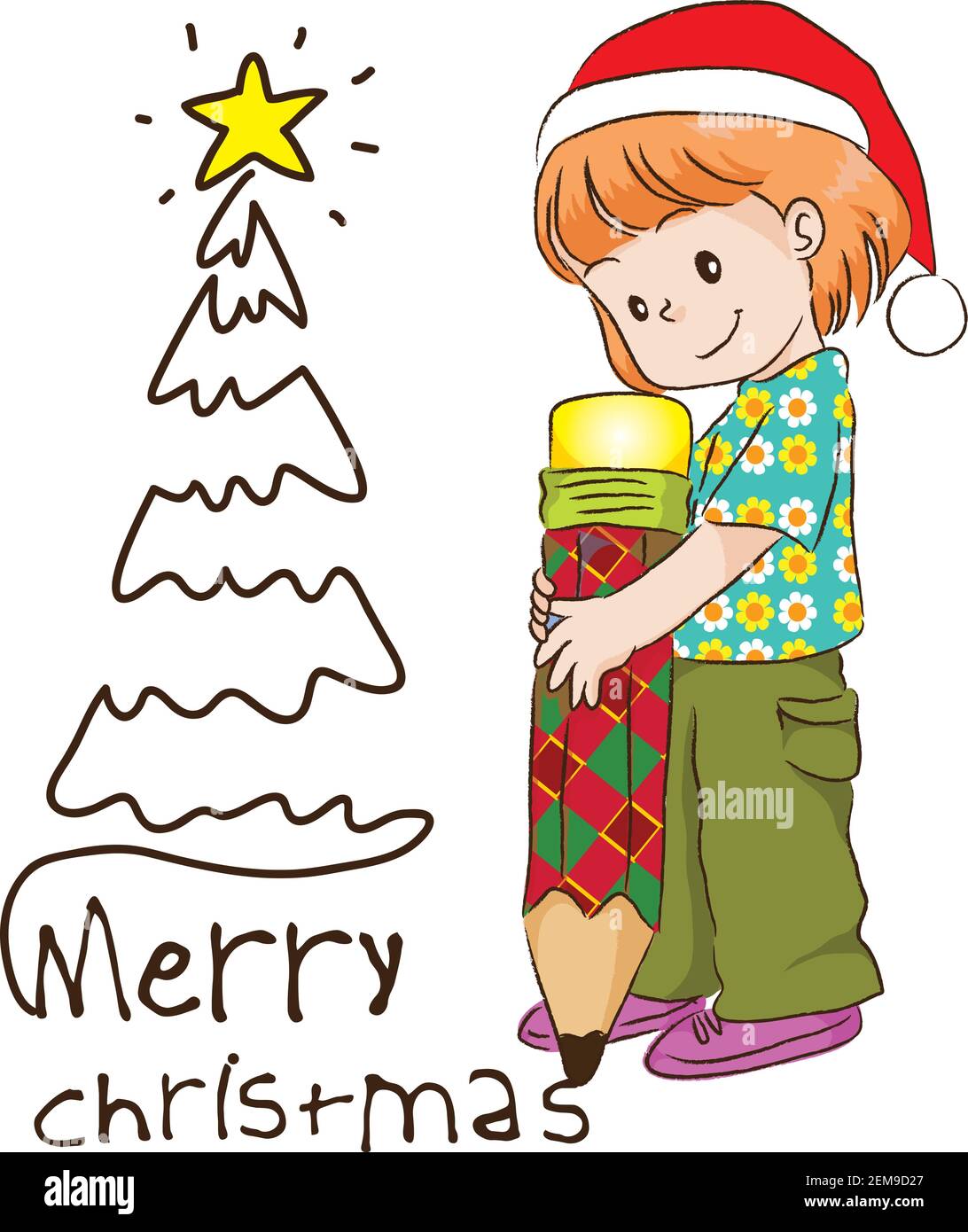 vector Christmas girl holding big pencil draw a Christmas tree Stock ...